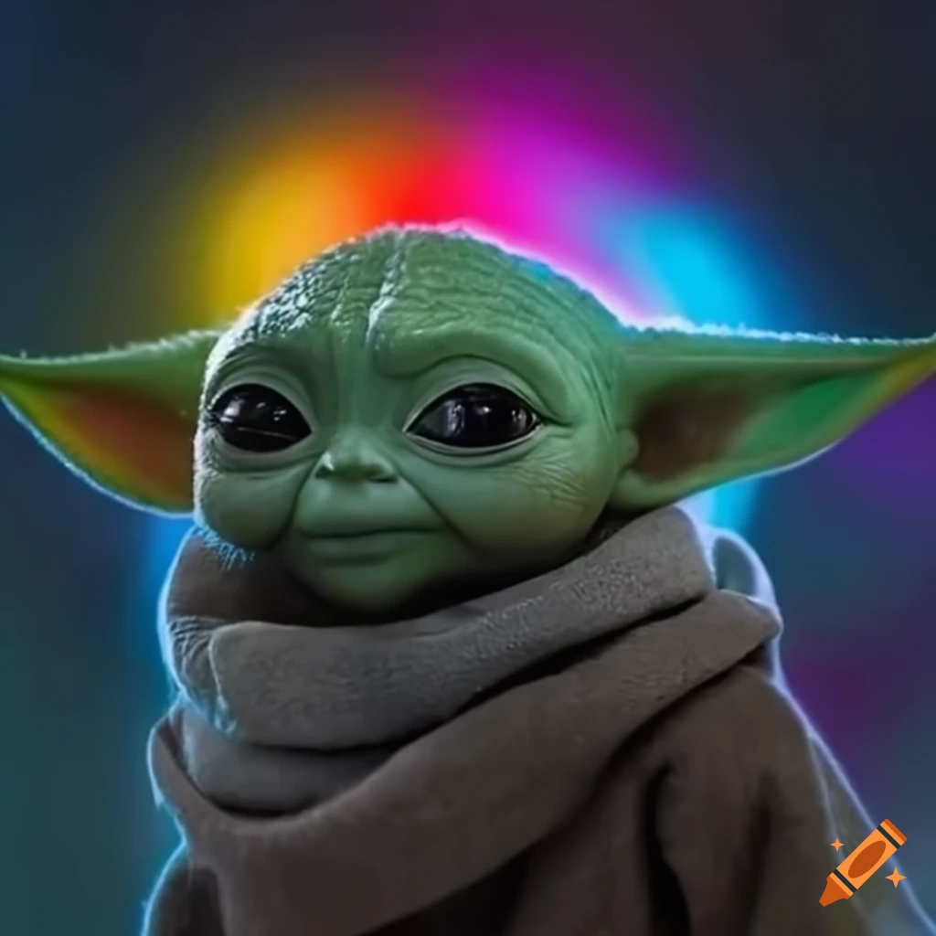 Baby yoda at a disco with multicolored lightsabers on Craiyon