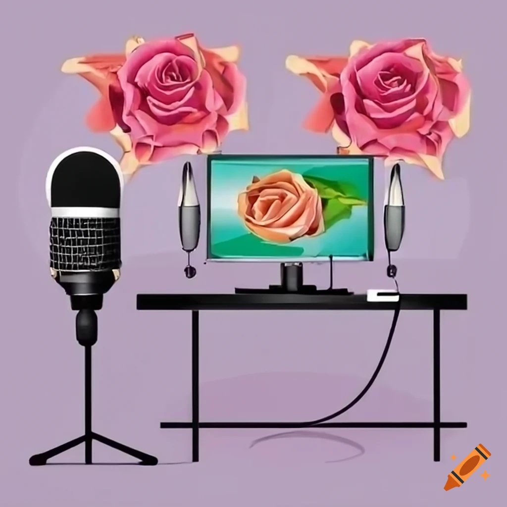 Podcast setup with microphones and arranged roses on Craiyon
