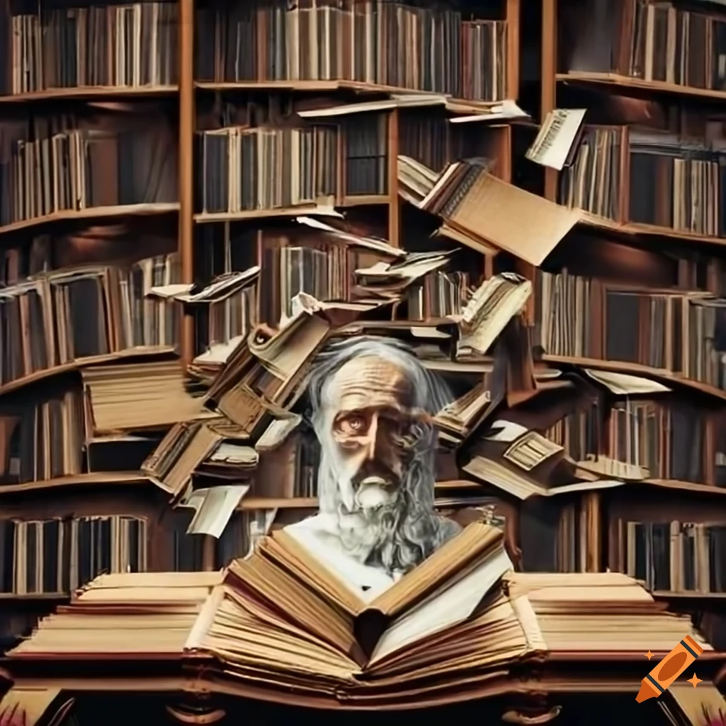 Surreal philosopher head made of books in a chaotic library setting on ...