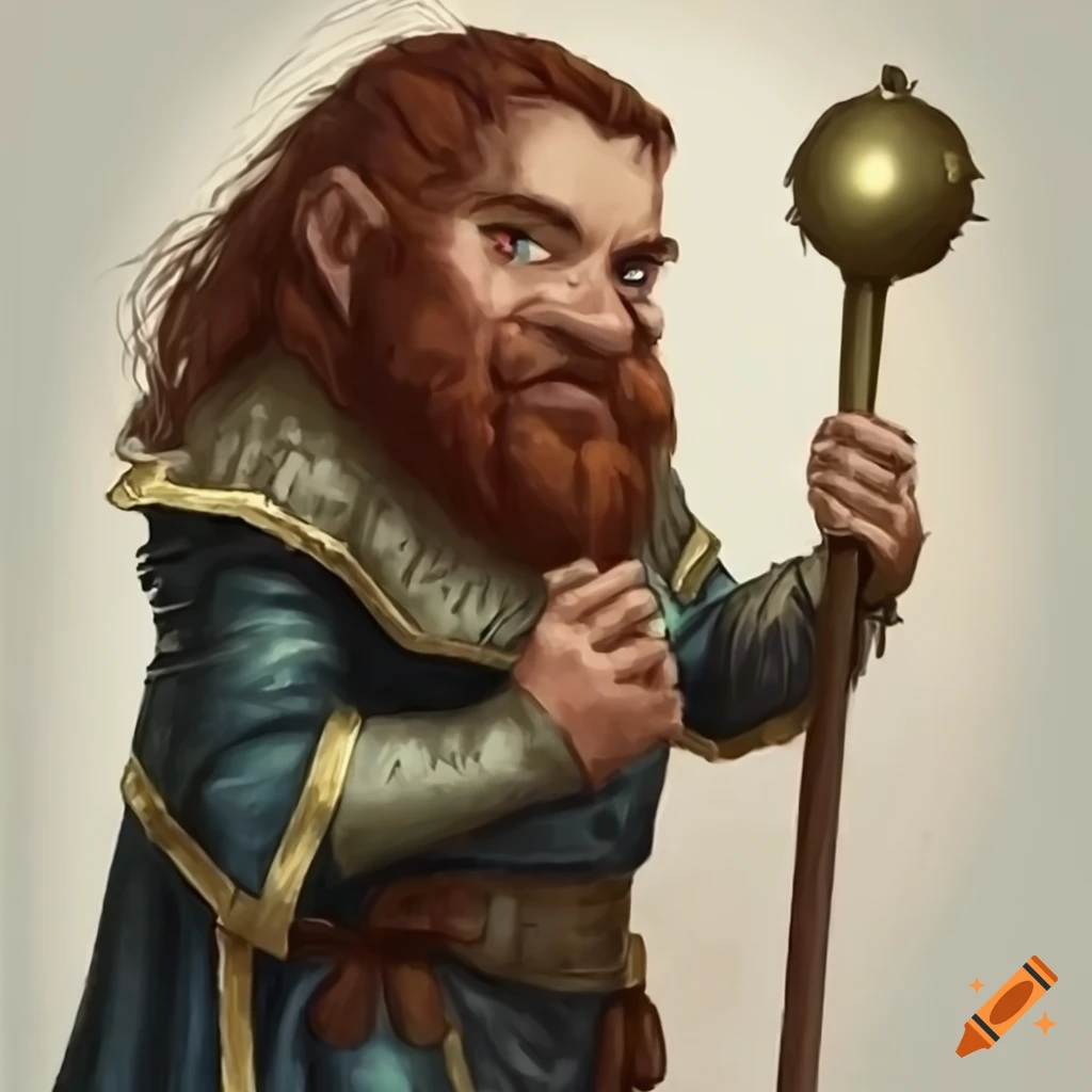 Fantasy dwarf in religious garb holding a mace on Craiyon