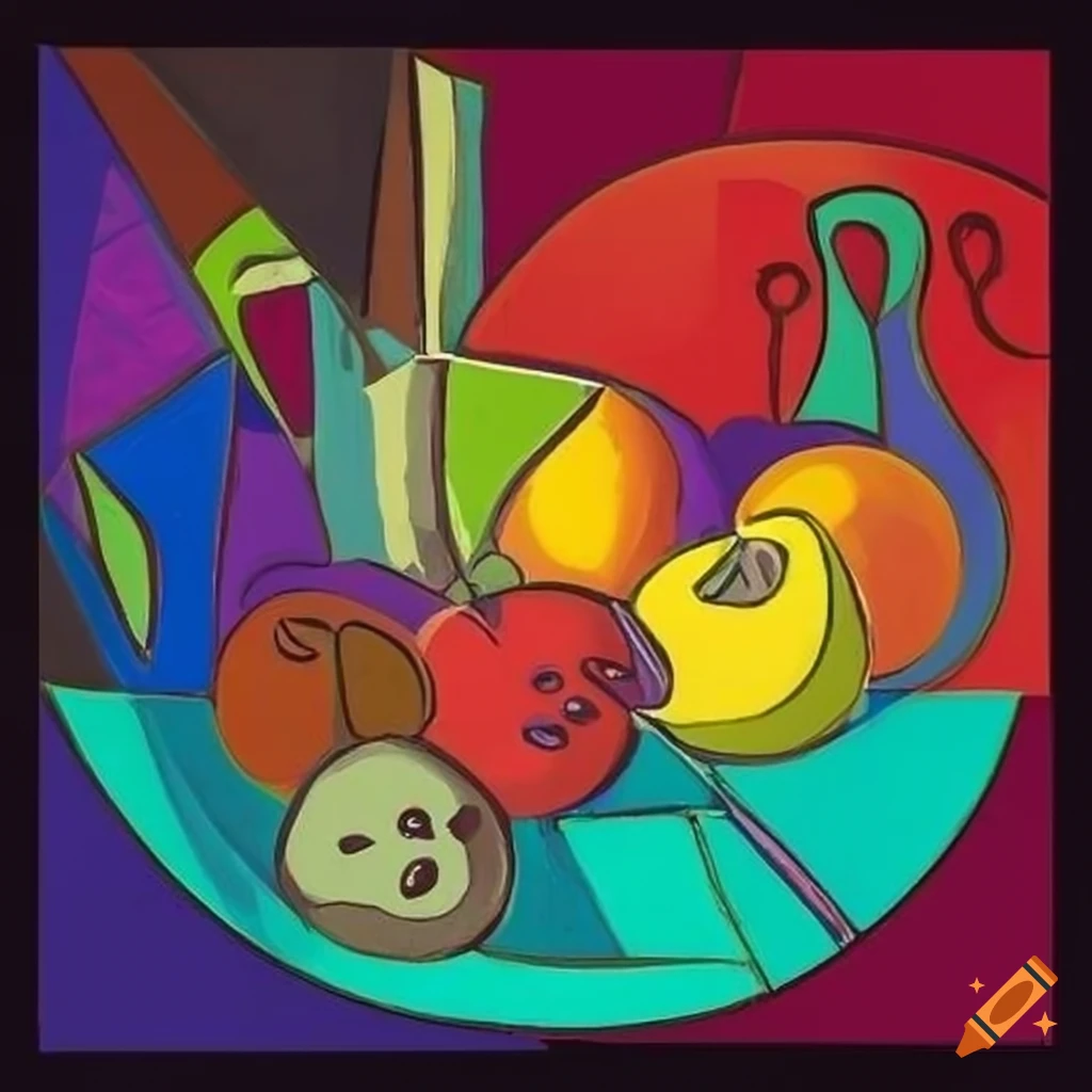 Colorful cubism still life art with fruits and flowers in Picasso style ...