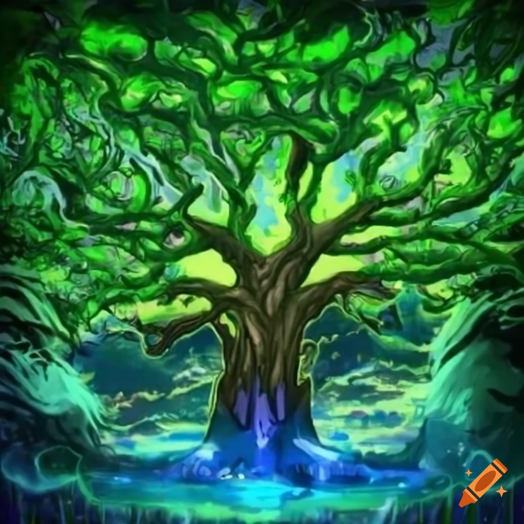 Yu-gi-oh art of a green magic tree on Craiyon