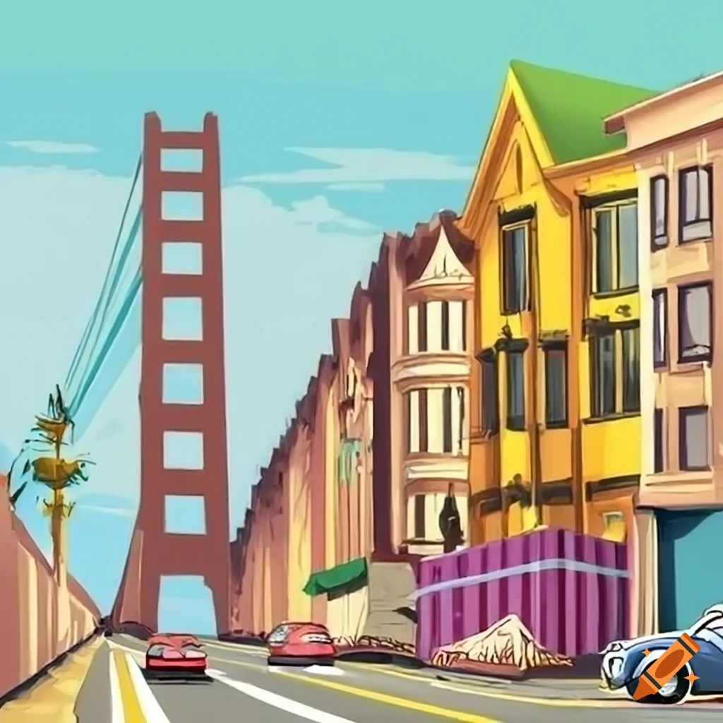 Cartoon illustration of a san francisco road on Craiyon