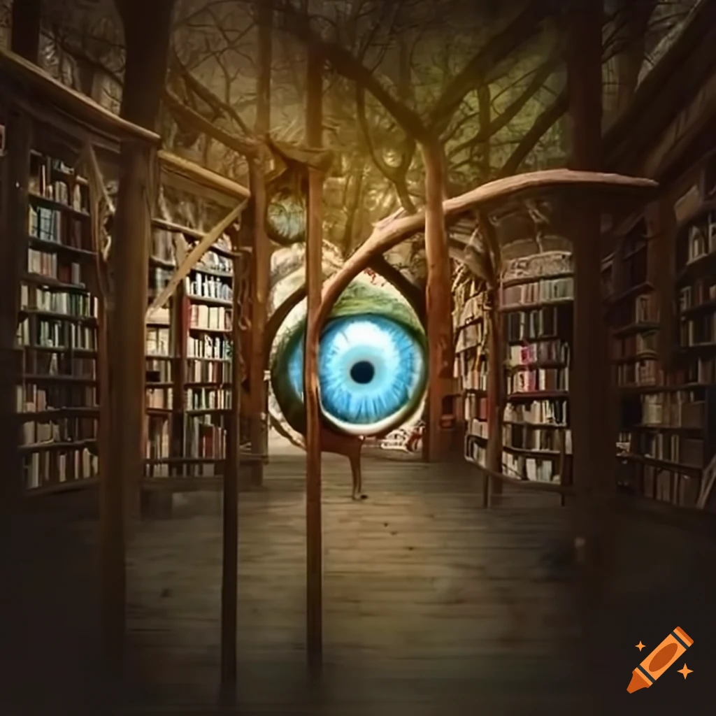Giant eyeball overseeing a library in a forest on Craiyon