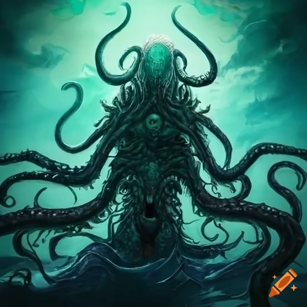 Eldritch horror god of the sea emerging from the waves with multiple ...