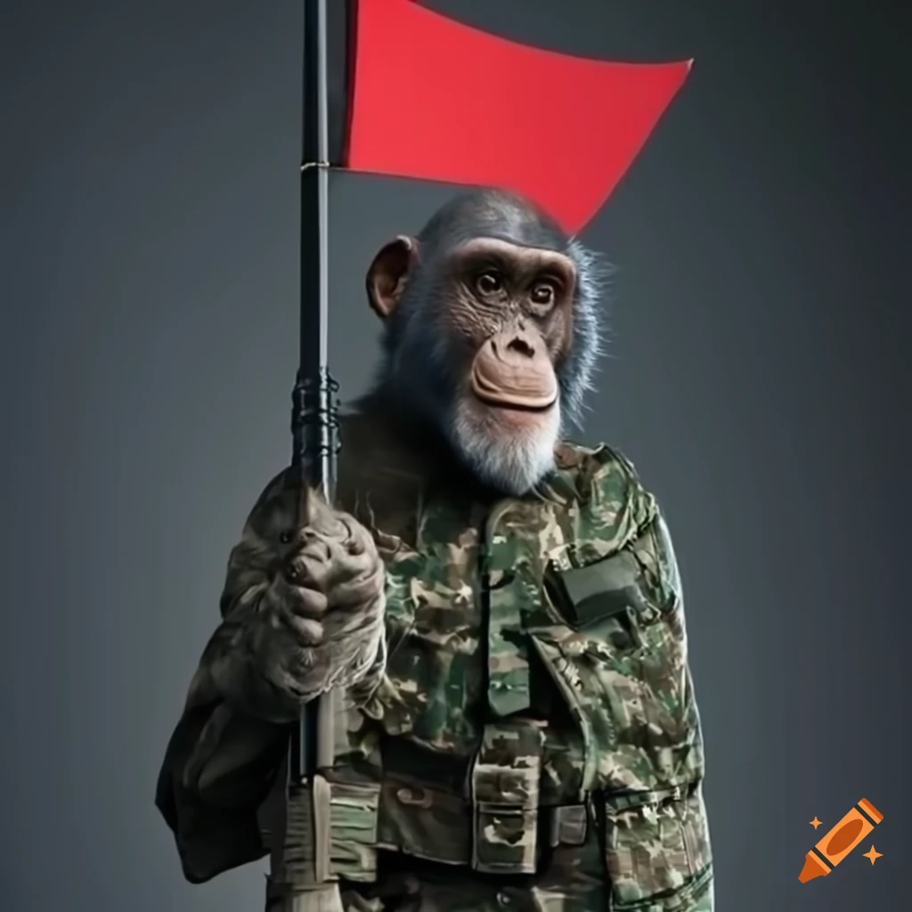 Chimp in military uniform holding a red flag on Craiyon