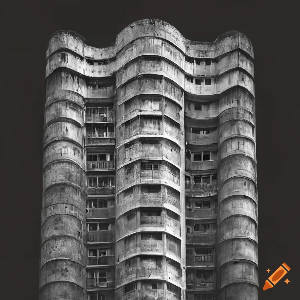 Brutalist concrete megastructure in an abandoned city with a gray ...