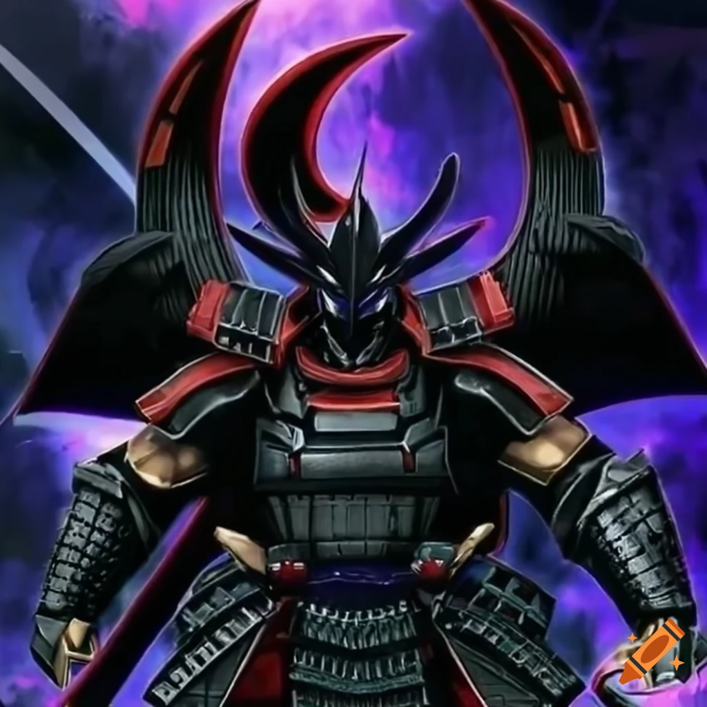 Powerful samurai in dark black armor in yu-gi-oh artwork on Craiyon