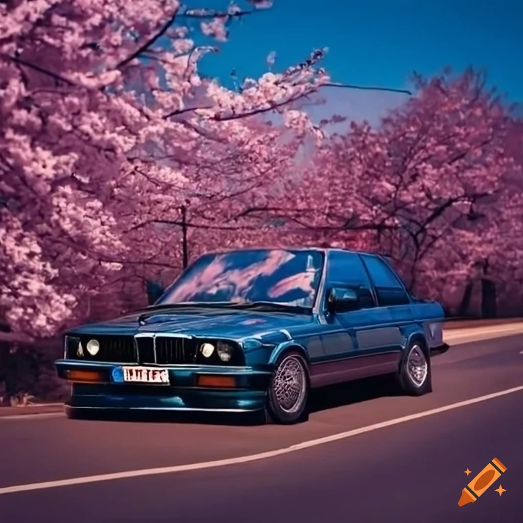 BMW e30 car adorned with cherry blossoms at a road junction on Craiyon