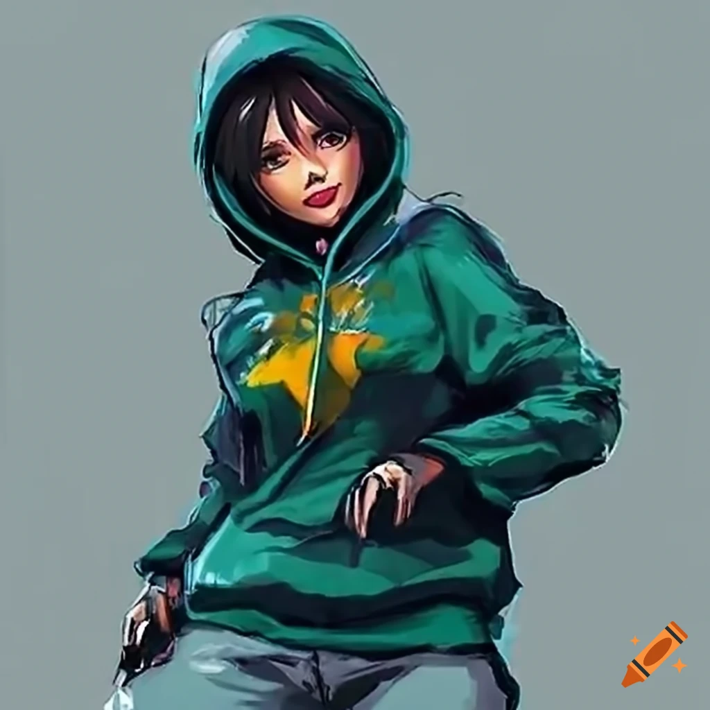 Female in unique dancing pose with a hoodie in a sketch on Craiyon