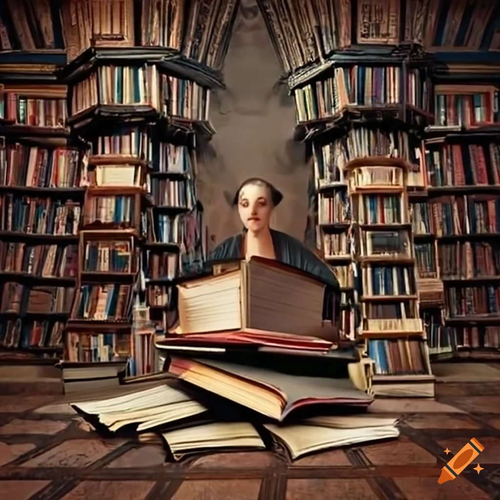 Surreal philosopher in a chaotic library surrounded by flying books on ...