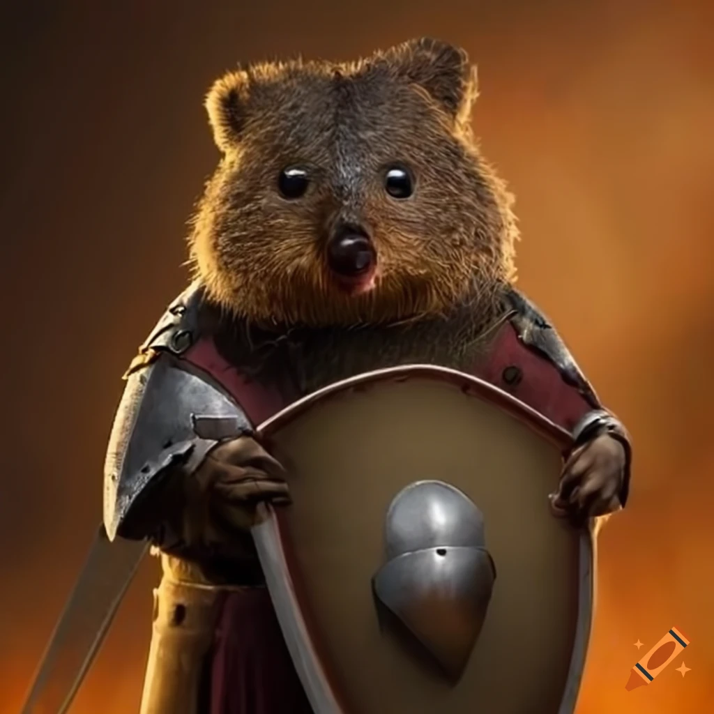 Quokka wearing medieval armor with shield and sword on Craiyon