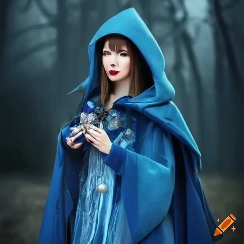 Woman in blue witch attire with crystal jewelry on Craiyon