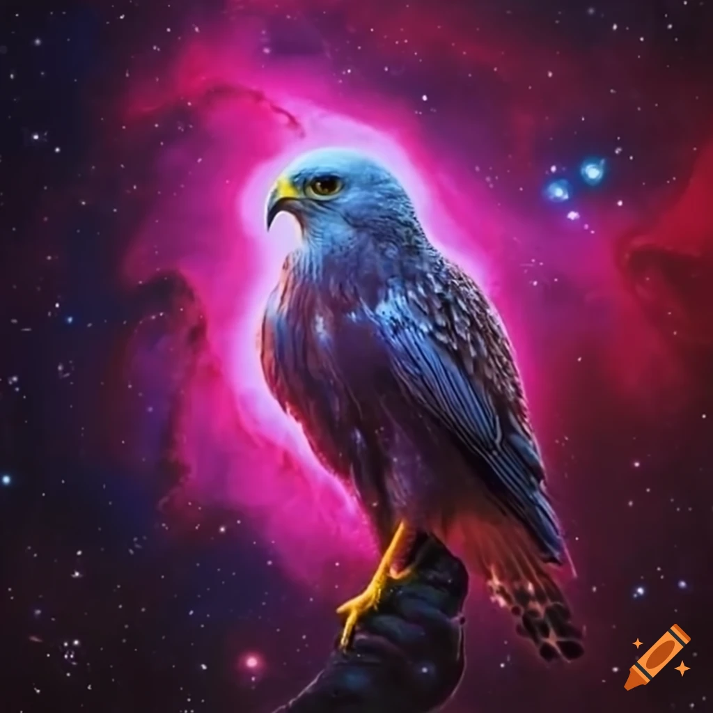 Buzzard bird head superimposed on a pink cosmic nebula in new age VHS ...