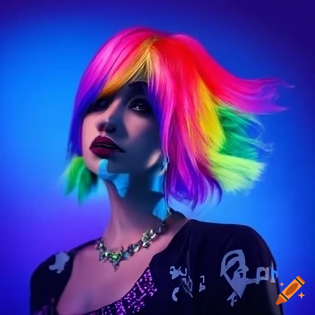 Eclectic rainbow rave outfit with vibrant hair and unique accessories ...