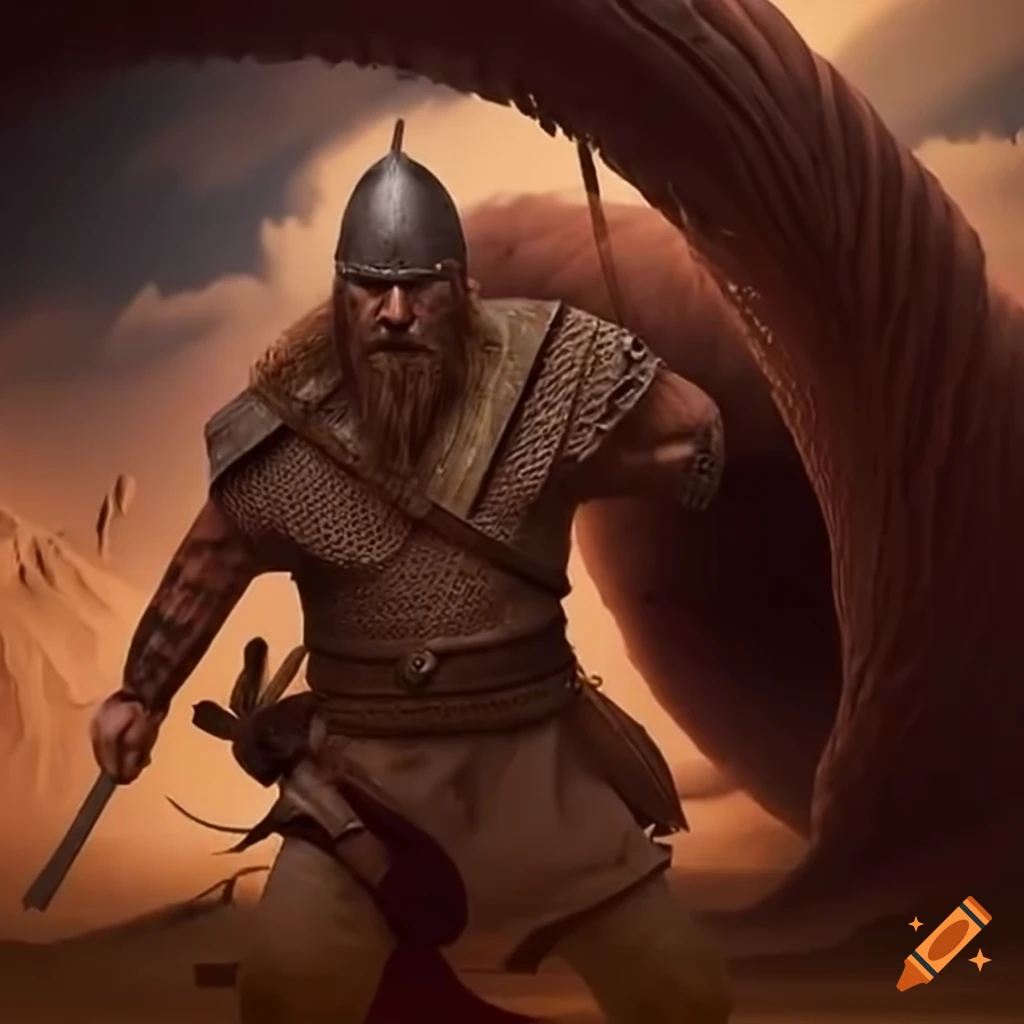 Viking warrior battling giant worm in a desert landscape on Craiyon