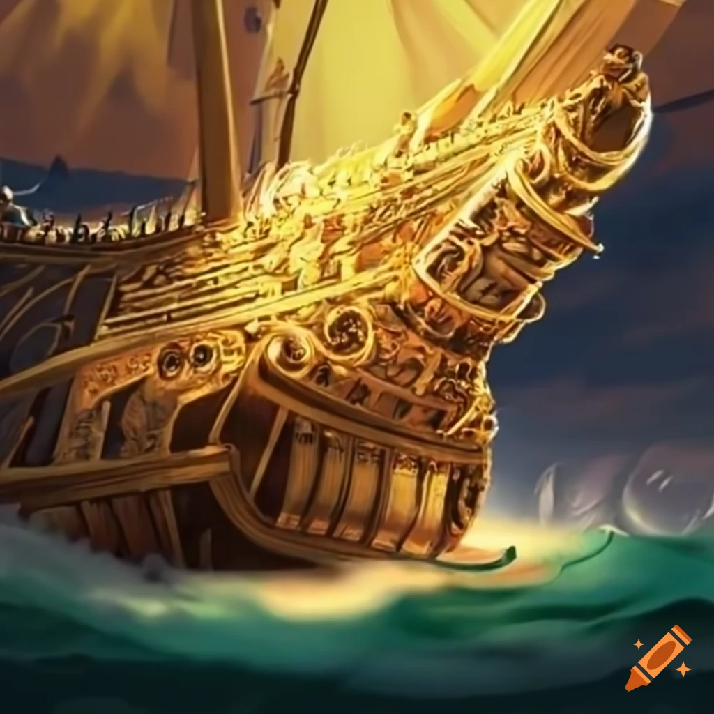Gran barco de oro en un mundo de fantasía on Craiyon