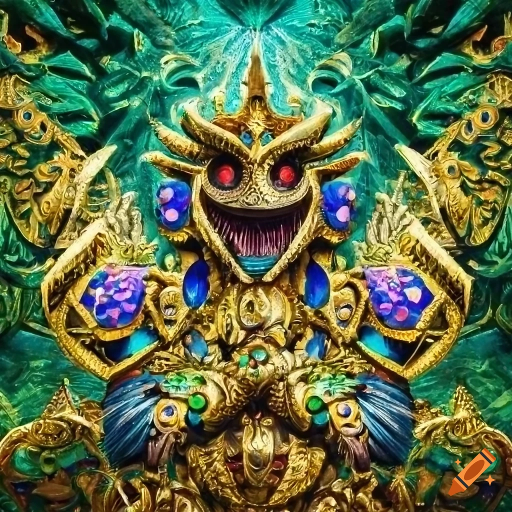 Peacock velociraptor in gold and gemstone armor hoarding treasure in a ...