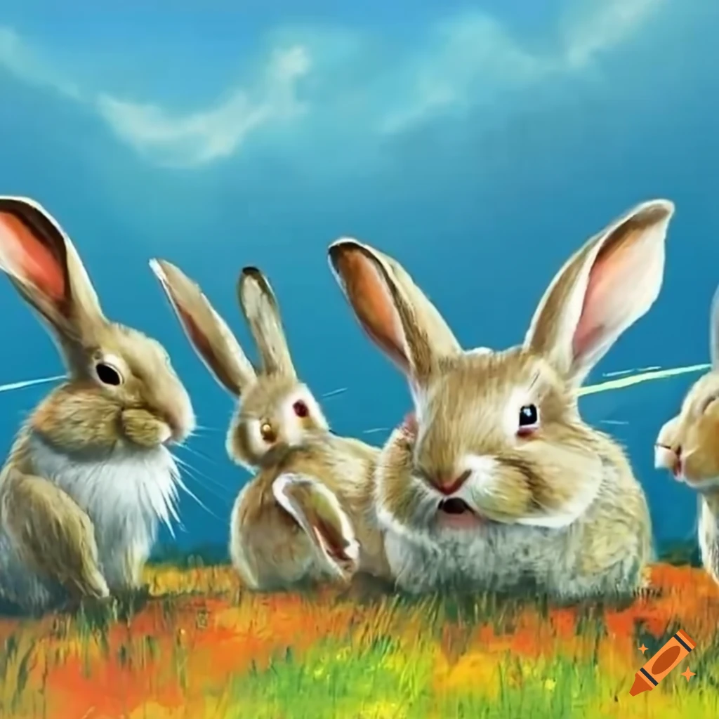 Large group of rabbits painting together on Craiyon