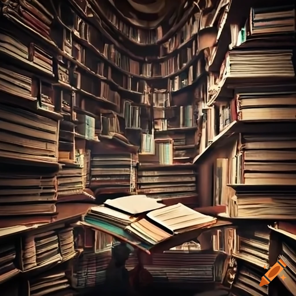 Surreal philosopher in chaotic library surrounded by flying books on ...