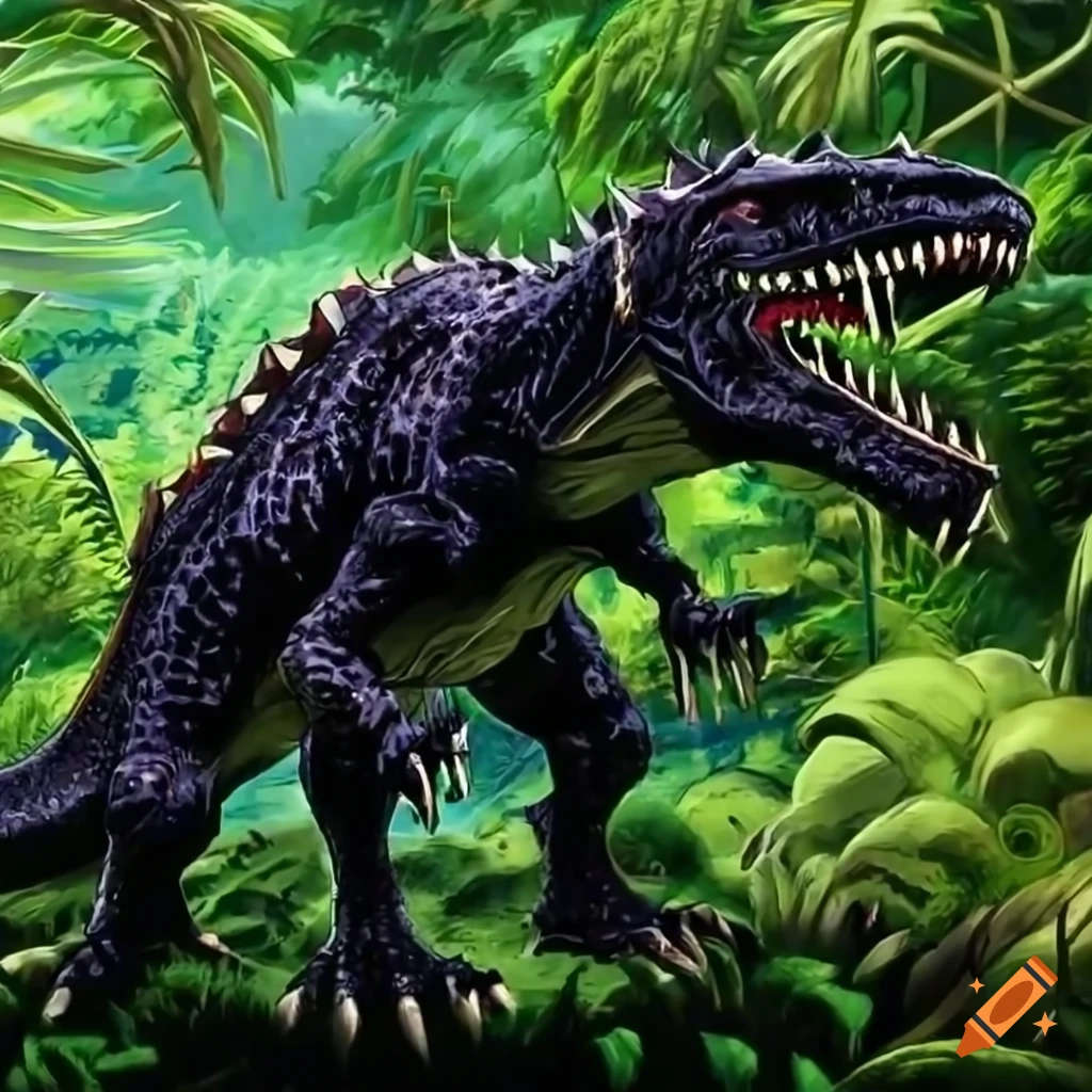 Powerful dark allosaurus in a jungle inspired by yu-gi-oh art on Craiyon