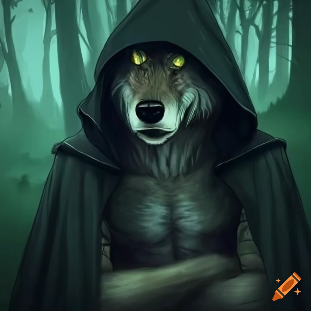 Anthro wolf in forest wearing a dark hooded cloak on Craiyon