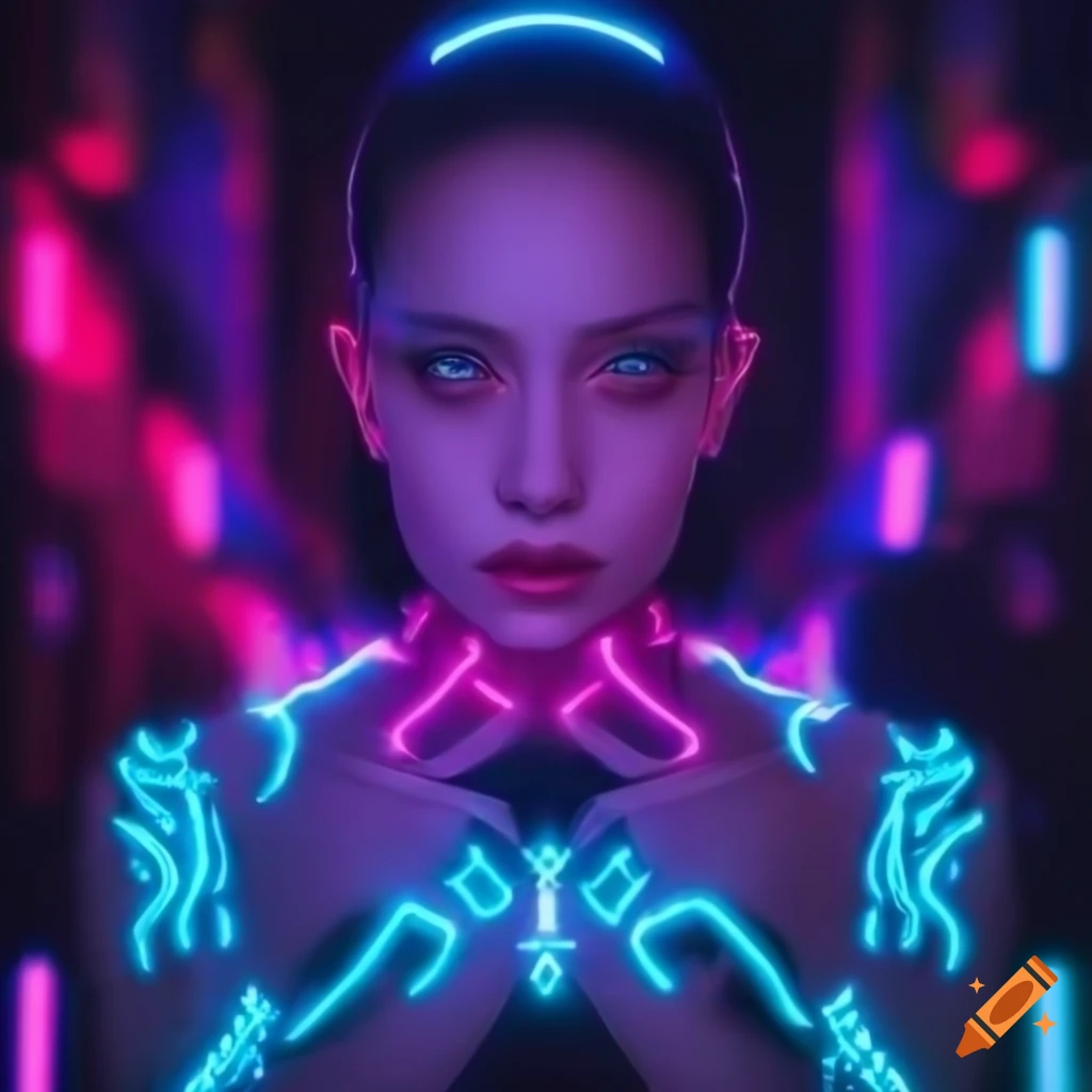 Flirty cyberpunk forestcore portrait with neon vector elements on Craiyon