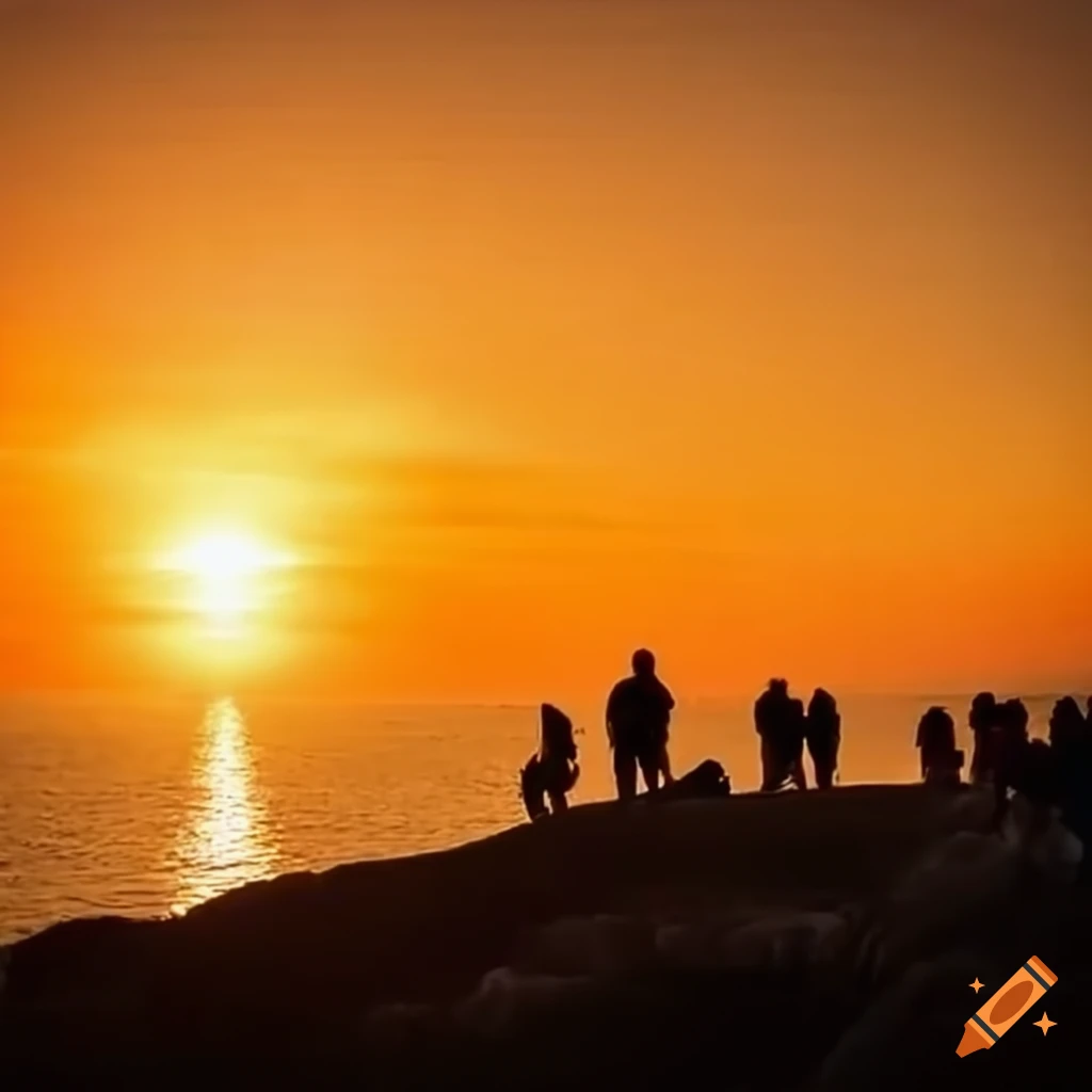 Truck with friends watching sunset from high cliff above ocean on Craiyon