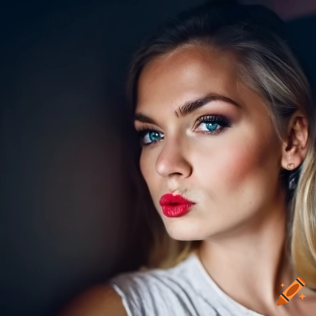 Blonde Swedish Woman With Professional Makeup In A Dark Bedroom Setting