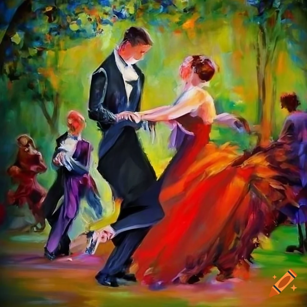Viennese Waltz dancing couples in rural gardens, detailed oil painting ...
