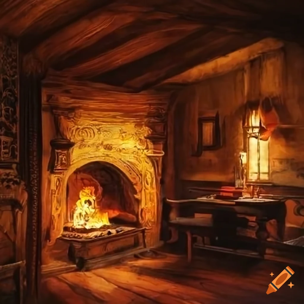 Interior of a 17th century Hungarian inn with a roaring fire on Craiyon