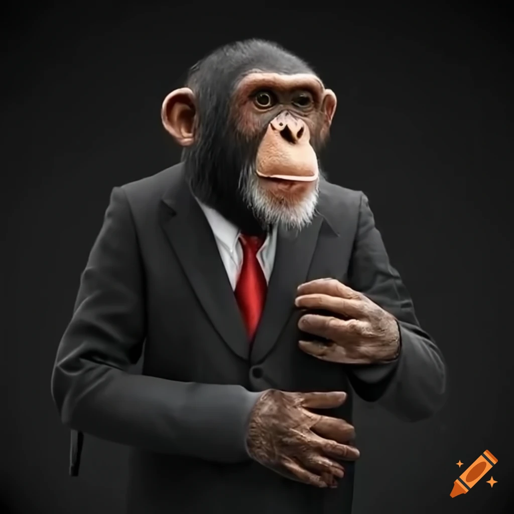 Chimp in business suit giving speech in parliament on Craiyon