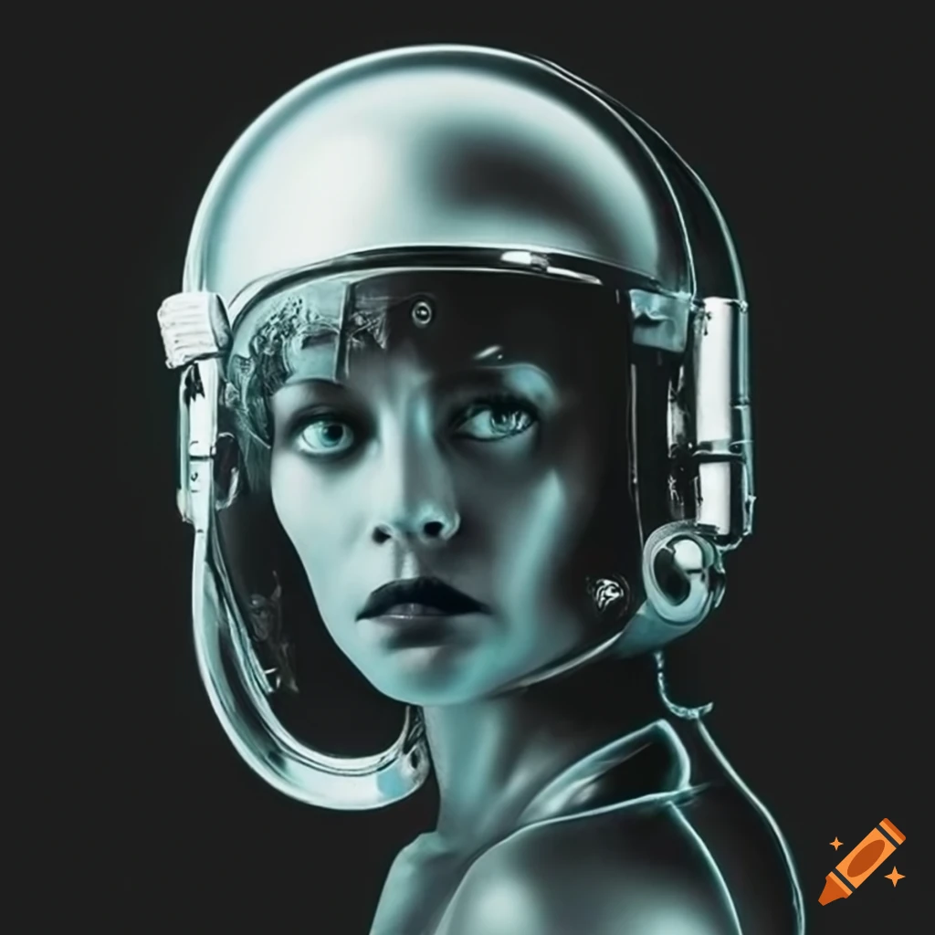 Futuristic chrome abstract creature x-ray woman in astronaut helmet on ...