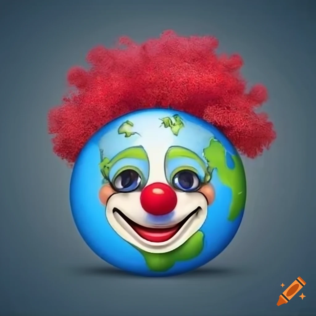 Earth emoji with a smiling clown face and red wig on Craiyon