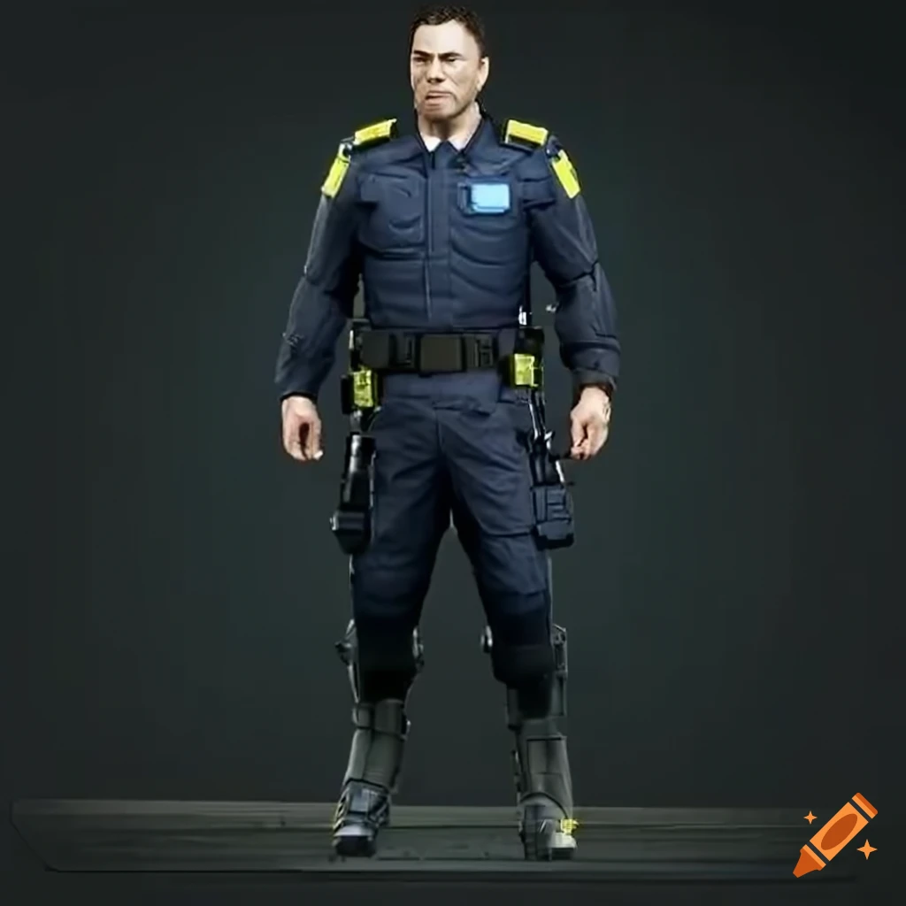 Character design of a rugged security guard with multiple views on Craiyon
