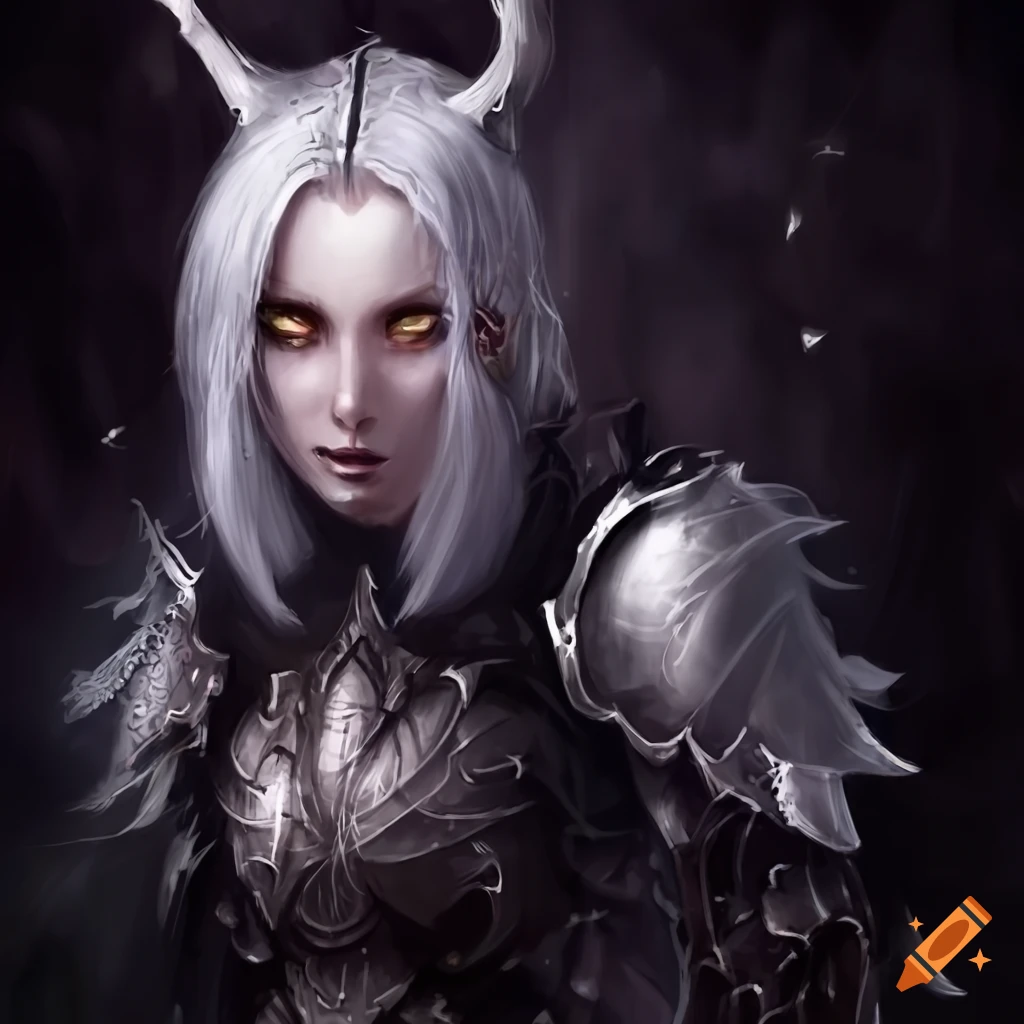 Demon girl in dark fantasy armor with white hair on Craiyon