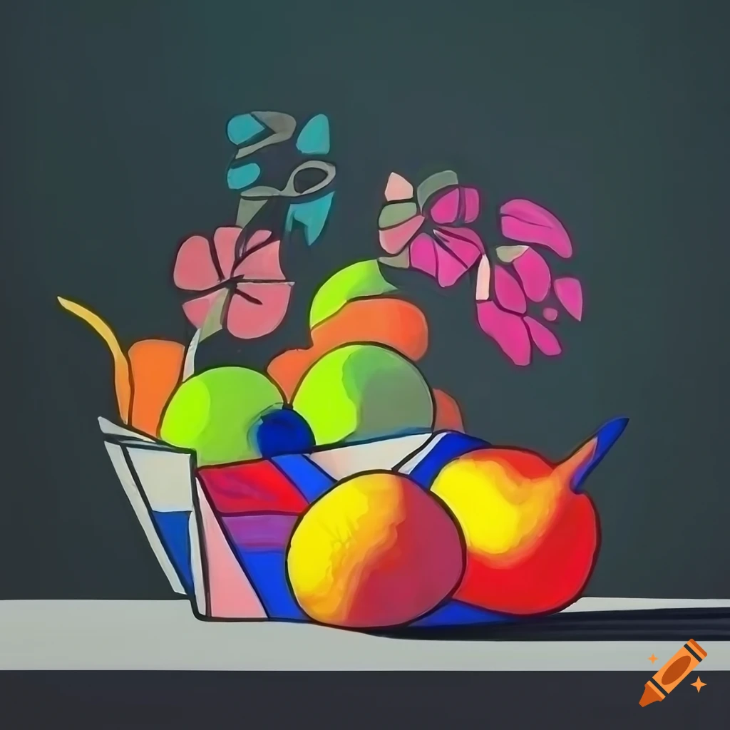 Colorful cubism Picasso-style still life with fruits and flowers on Craiyon