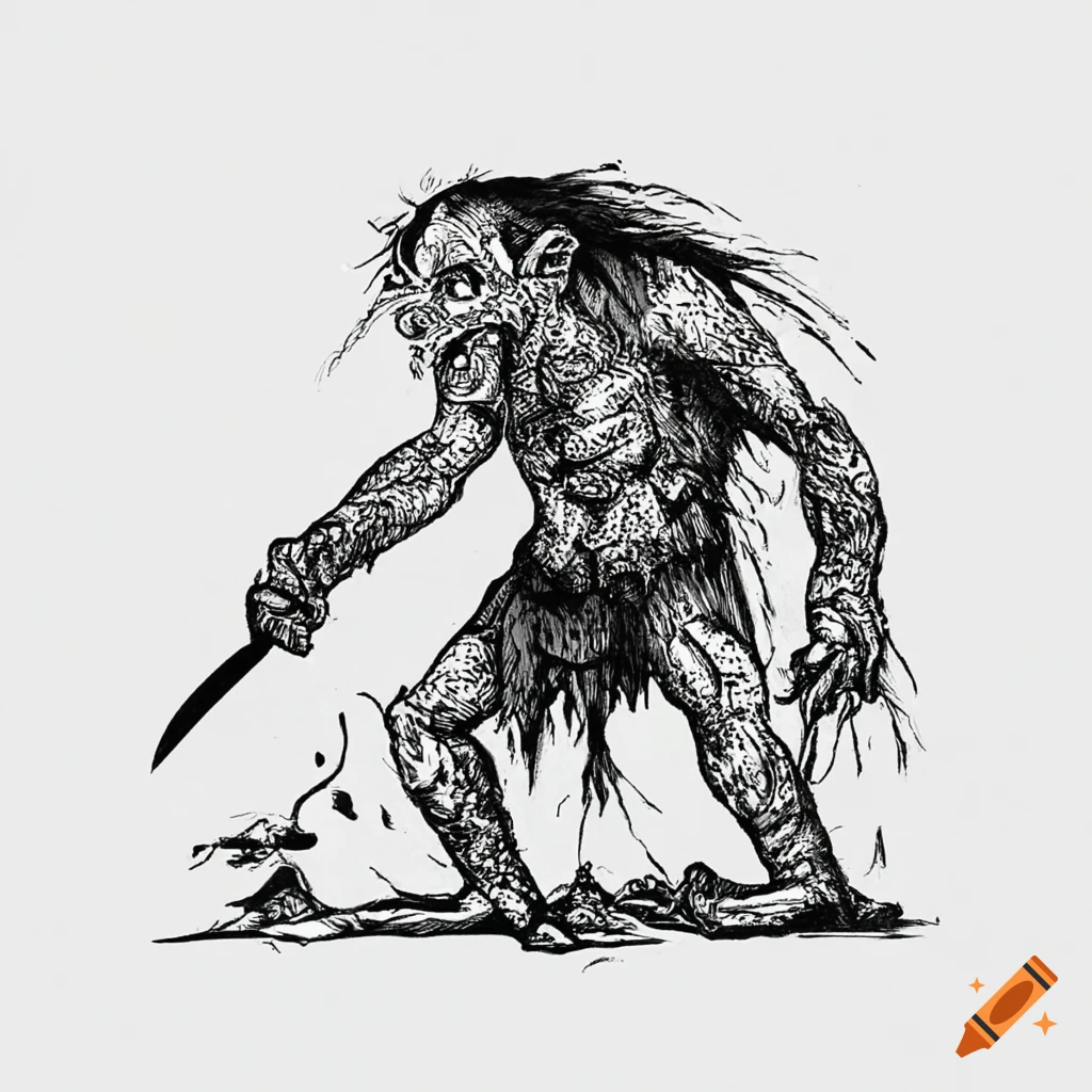 Mythical one-eyed mountain troll with a sword and body art ...