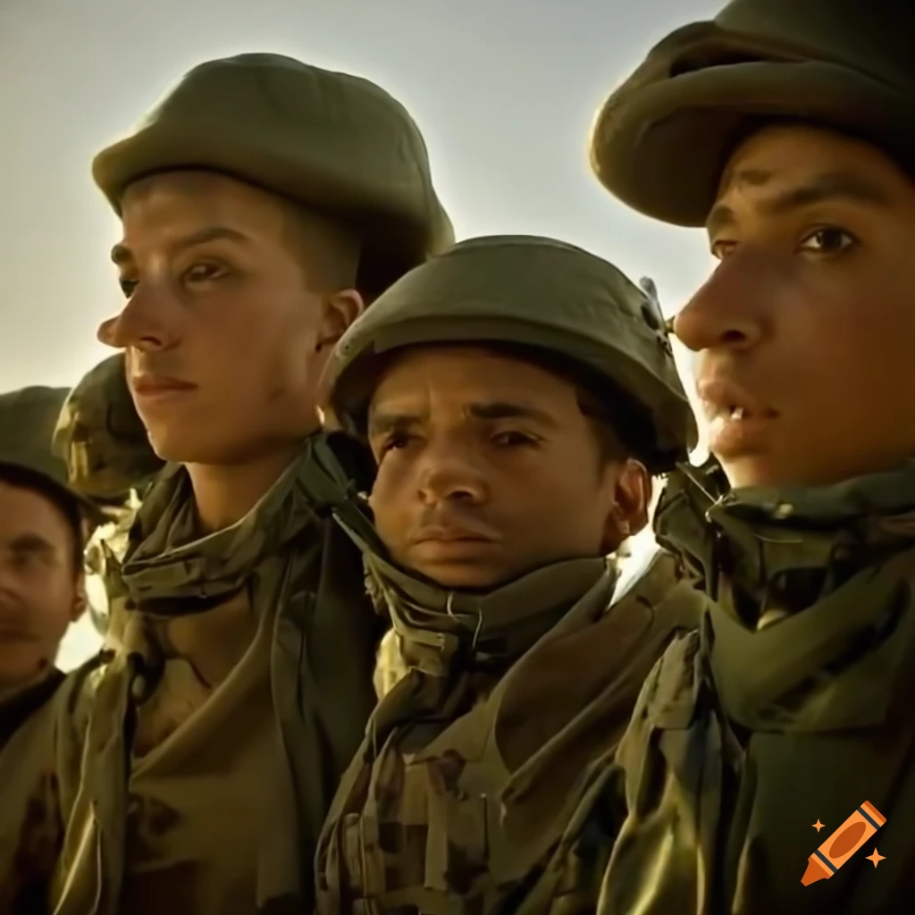 Army soldiers lined up in a sunlit desert training camp on Craiyon