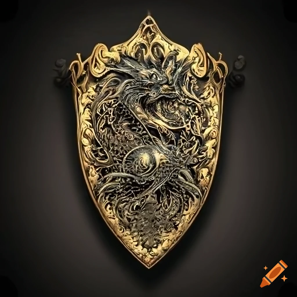 Ornate gothic shield with dragon and wolf engravings in dark metallic ...