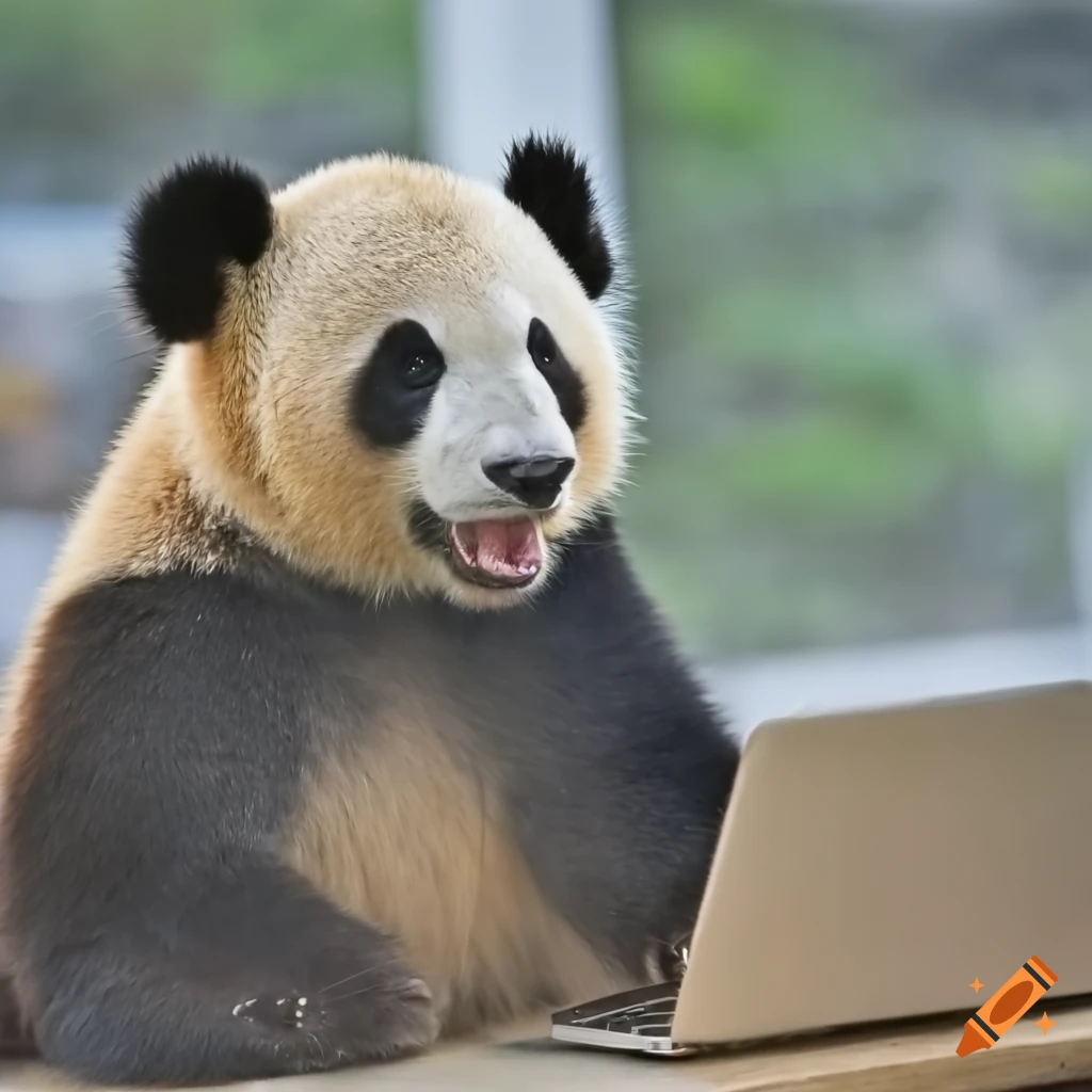 Panda bear using a laptop in an office setting on Craiyon