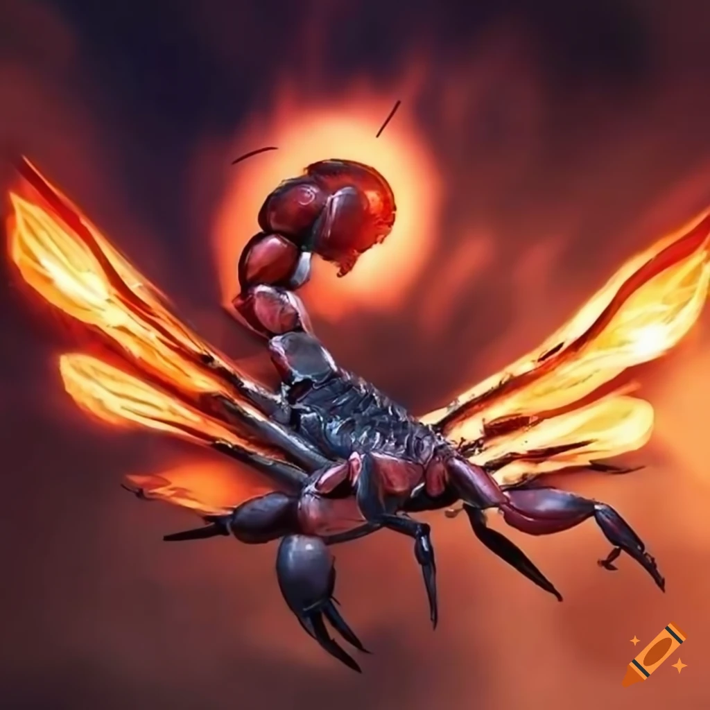 Artwork of a fiery winged scorpion creature on Craiyon