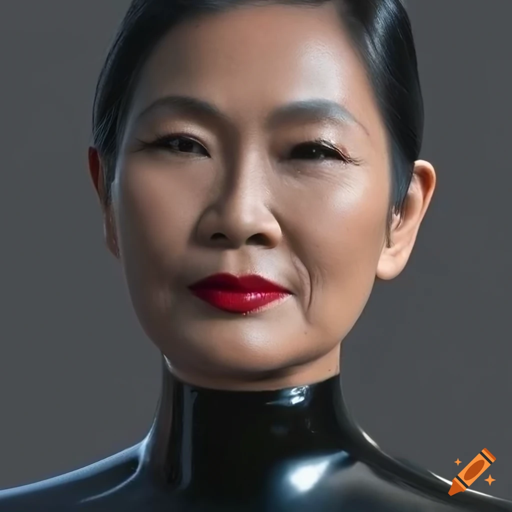 Portrait of an older asian woman in a black latex top with intricate details on Craiyon