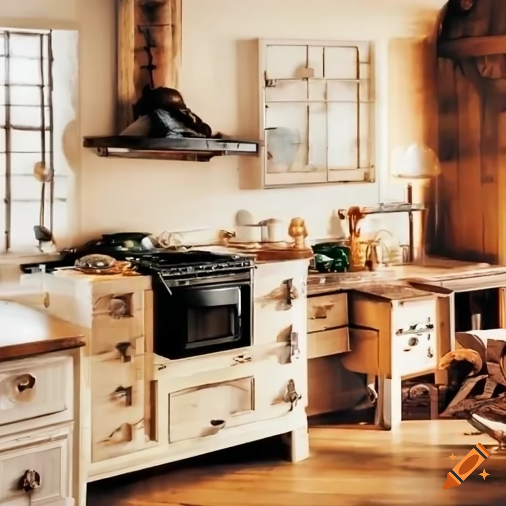 Farmhouse style kitchen with a wood stove on Craiyon