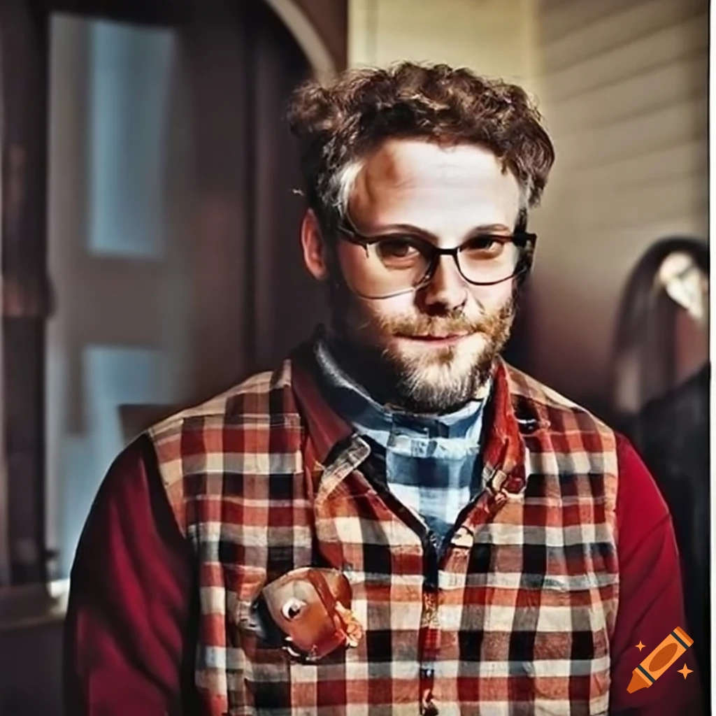 Seth Rogen in flannel shirt and vest with guinea pigs in front of house ...