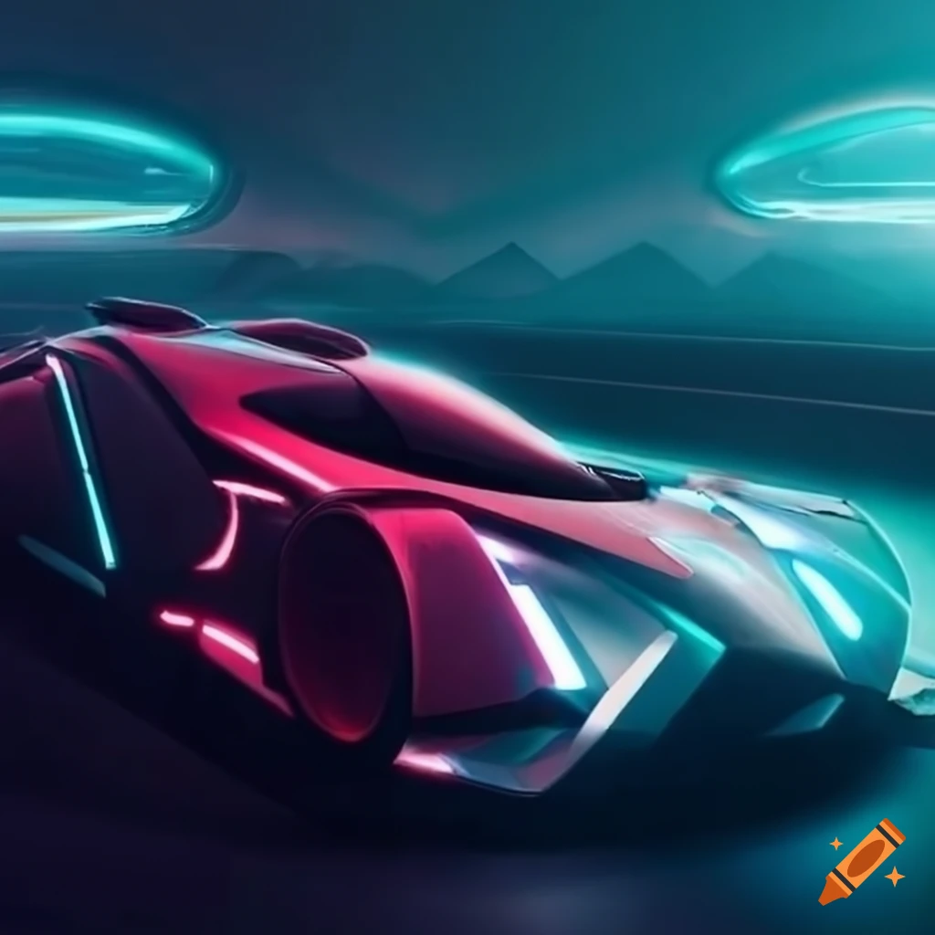 Futuristic sports car racing on a track in a sleek sci-fi design on Craiyon