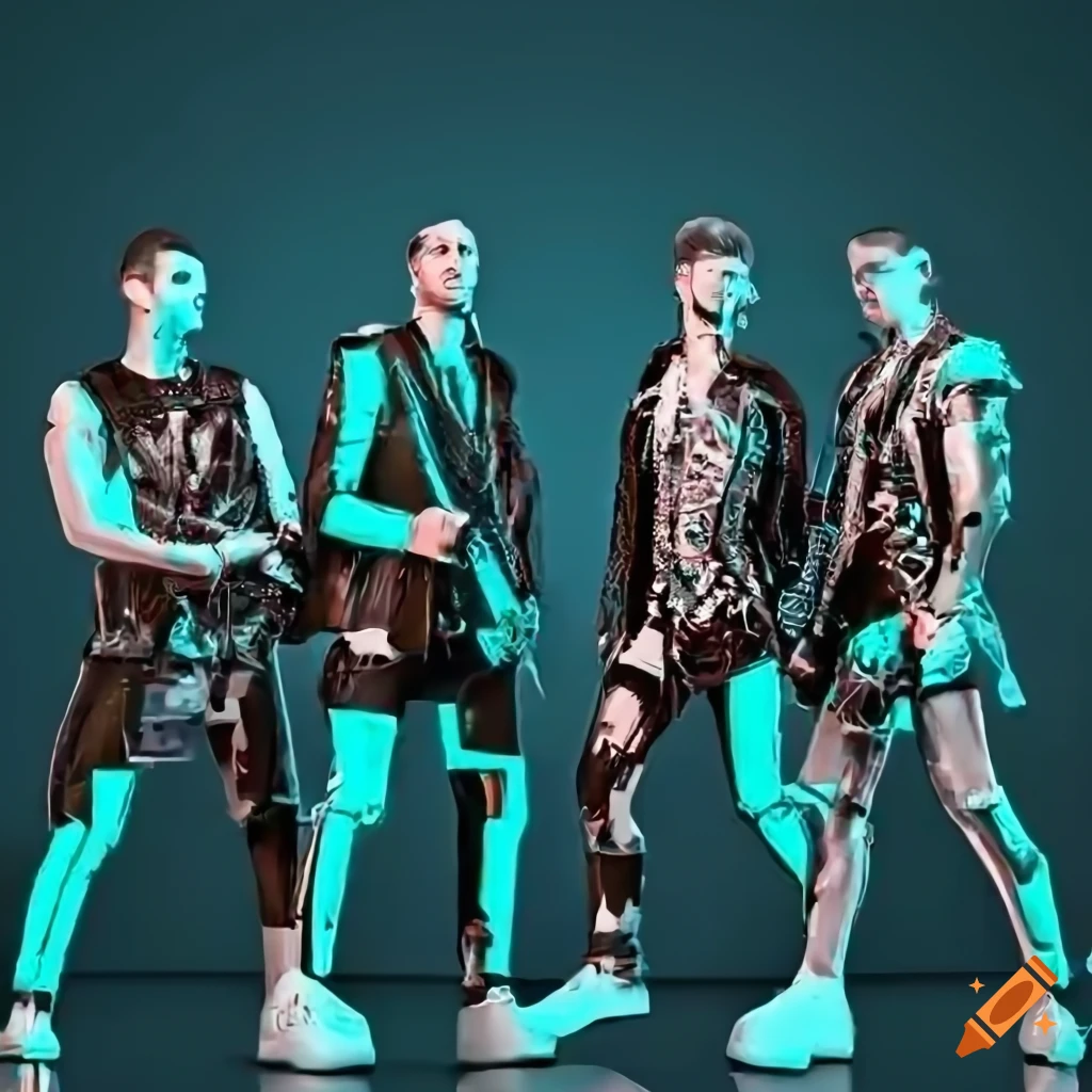 Four men in modern metal futuristic outfits for music band on white ...