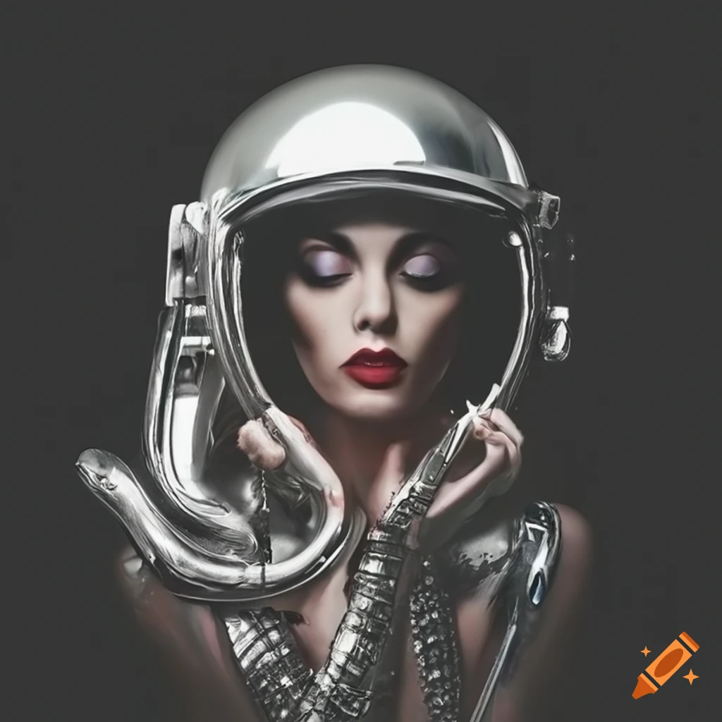 Futuristic chrome abstract creature woman in astronaut helmet, 1960s ...