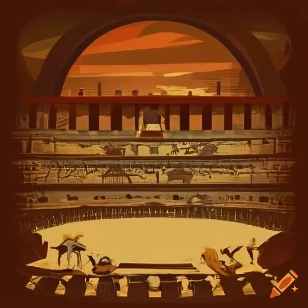 Vintage poster-style arena made of junk in a Mad Max inspired setting ...
