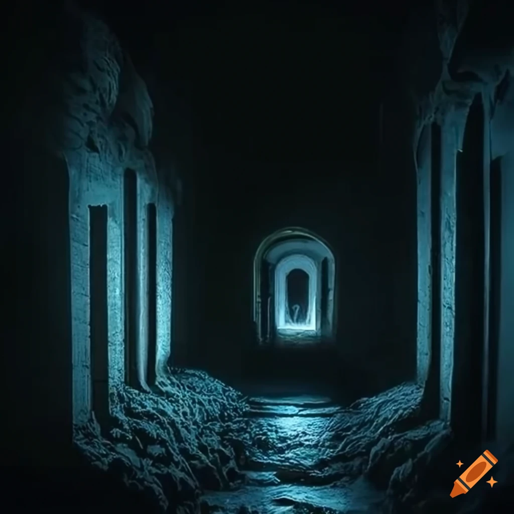 Exploring an old underground cave with multiple illuminated doors on ...